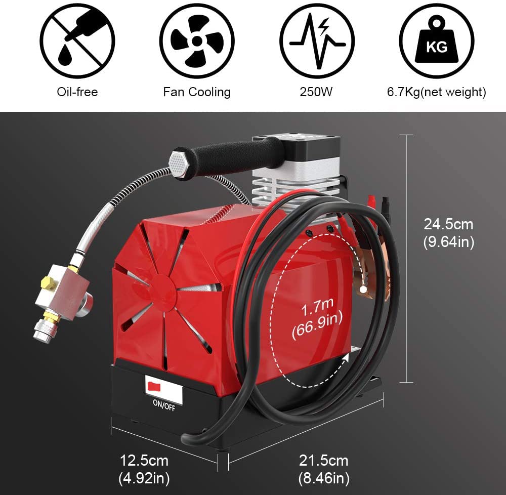 GX PUMP CS2 Portable PCP Air Compressor, 4500Psi/30Mpa, Oil-Free,Powered by Car 12V DC or Home 110V AC with Adapter (Included), Paintball Tank Compressor with Extra Moisture-Oil Separator
