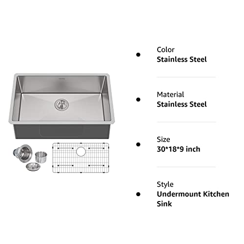 Hykolity 30-inch Undermount Kitchen Sink, 16 Gauge Single Bowl Stainless Steel Kitchen Sink with Strainer & Bottom Grid, 30" x 18" x 9"