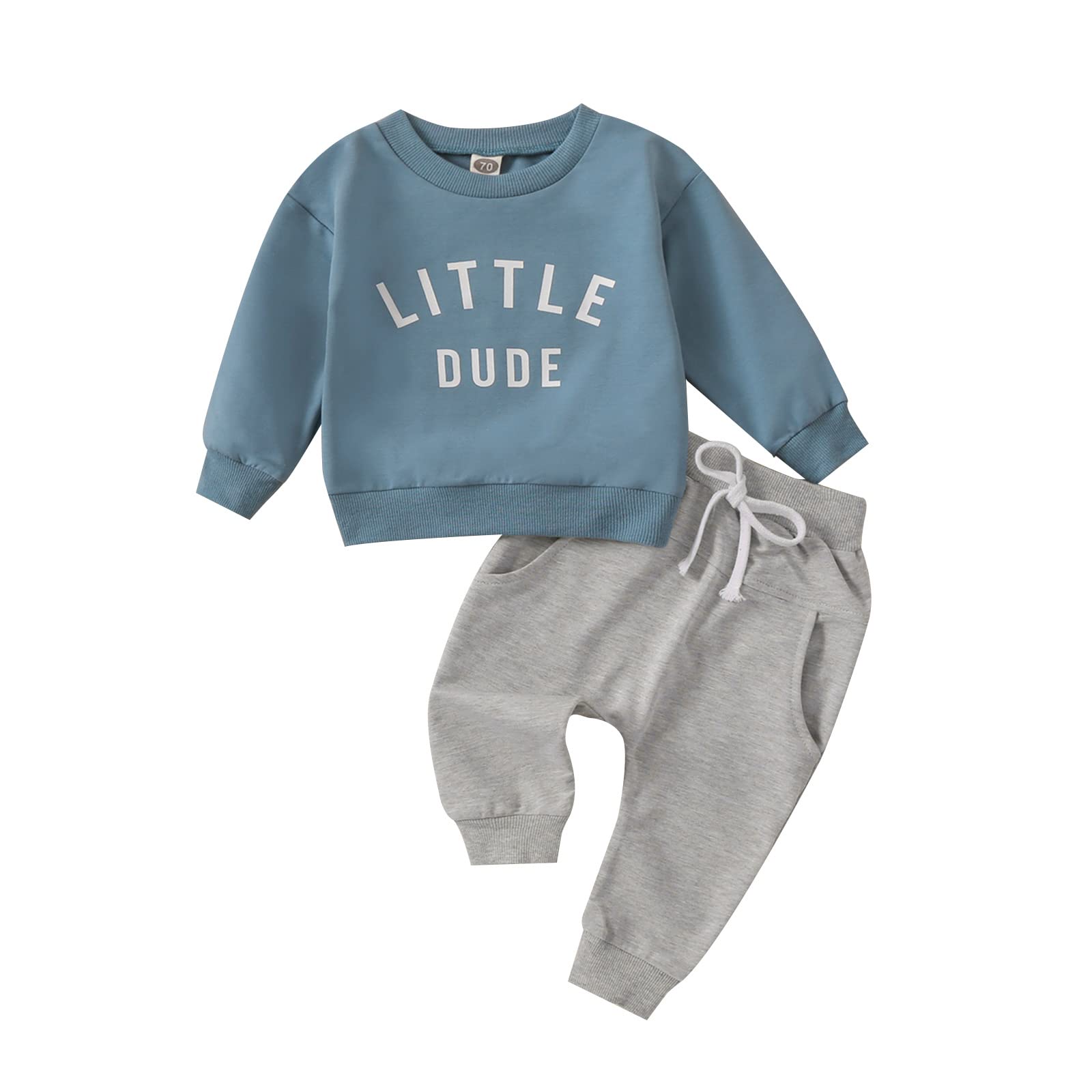 Fepege Toddler Baby Boy 2Pcs Outfits Long Sleeve Letter Print Sweatshirt Pullover Long Drawstring Trousers Fall Winter Clothes Set (Blue, 0-6 Months)