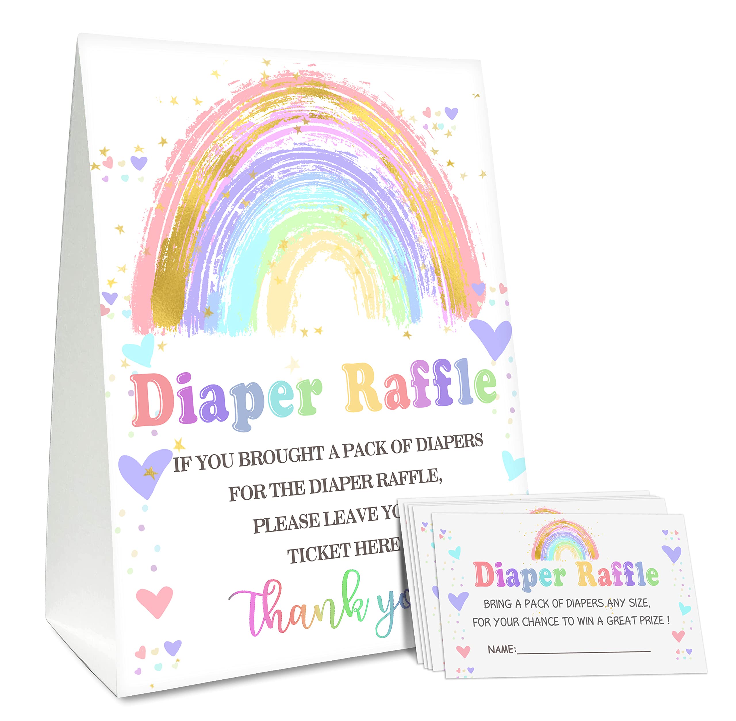Nopoben Diaper Raffle Baby Shower Game, 1 Standing Sign and 50 Tickets,Rainbow Theme Gender Neutral for Boys or Girls, Bring A Pack of Diapers for Mom-to-Be, (027)