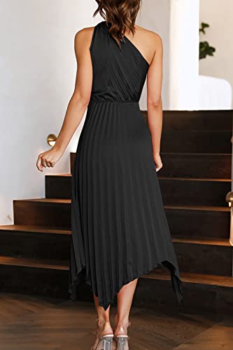 PRETTYGARDEN Women's Summer Long Satin Dress One Shoulder Sleeveless Ruched Twist Flowy Maxi Dresses (Black,Medium)