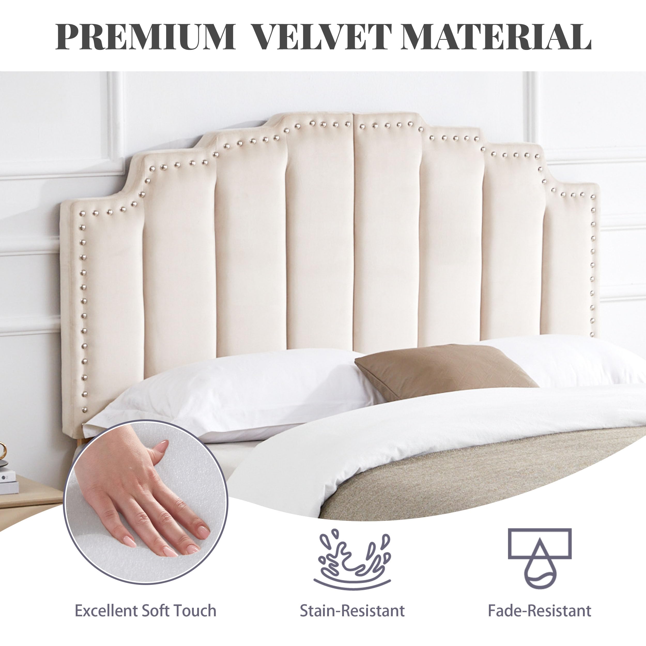 Kingfun Mid Century Headboard for Queen Size Bed,Velvet Upholstered Tufted Bed Headboard with Nailhead Decor,Adjustable Curved Solid Wood Head Board Vertical Channel Design (Medium Beige)