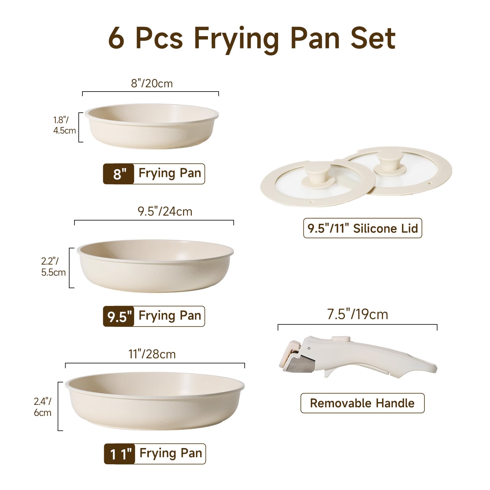 JEETEE Nonstick Frying Pan Set, Non Stick Frying Pans with lid and Detachable Handle, Frying Pan Set with Removable Handle-8 Inch-9.5 Inch-11 Inch, Oven Safe, PFOA Free, Beige