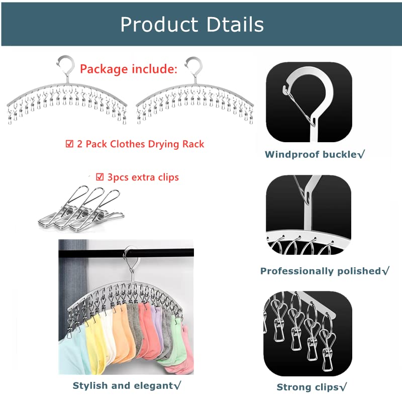 Laundry Sock Drying Rack with 20 Clips Windproof Drying Rack Multi-Purpose Stainless Steel Clothespins, ZNREUHATravel Camping Dryer Hanger for Socks, Gloves, Hat, Baby Clothes (2 Pack)
