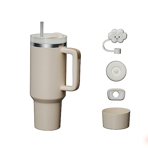 KISSKIND 40 oz Tumbler with Handle and Straw Lid Leak-proof Silicone Boot Straw Cover Cap Travel Coffee Mug Stainless Steel Water Bottle Insulated Cup for Hot and Cold Beverages Gift Idea-Cream