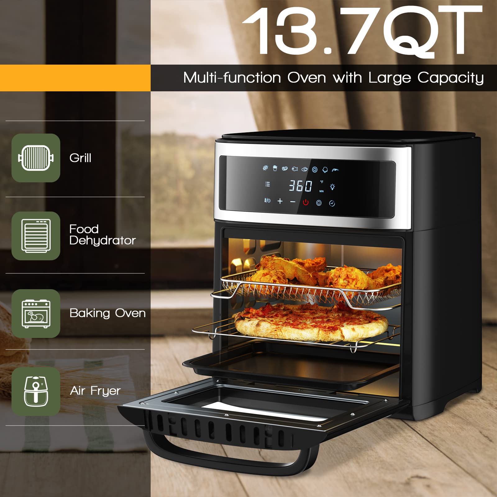Costway 13.7-Quart Large Capacity Air Fryer with 8 Preset Cooking Menus, 360 Rapid Air Circulation Technology, 1700W Motor, Oil-Free Crispy Food, Smart Control Panel, 9 Accessories