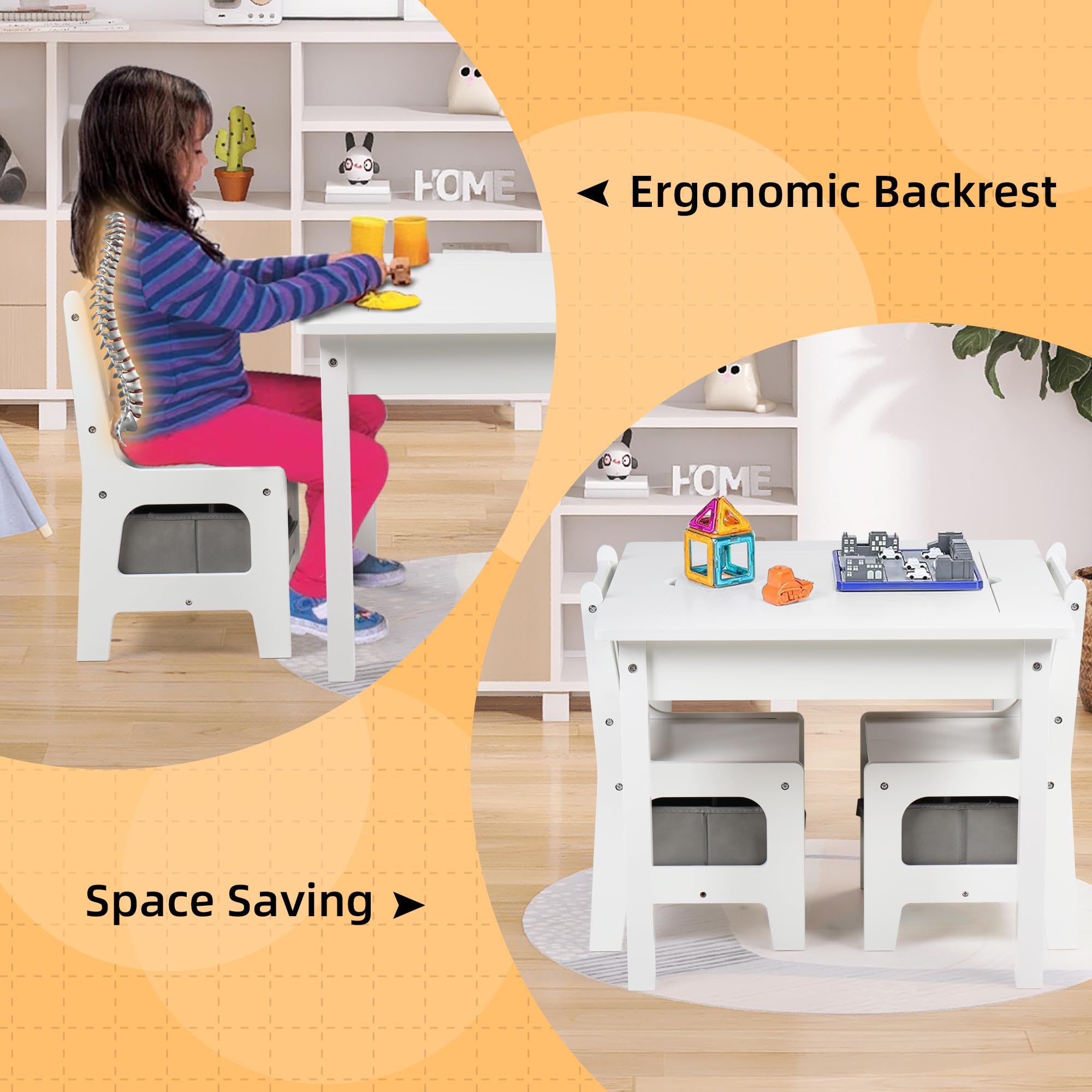 Kinder King Kids Wood Table & 2 Chairs Set, 3 in 1 Kids Construction Play Table, Toddler Activity Table w/Storage Space, Building Block Table for Child Art, Crafts, Reading, Playing, Grey