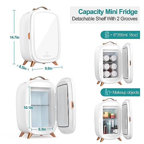 SPECILITE Mini Fridge, 6L Skincare Fridge with Mirror and LED Lighting Portable Cooler Small Refrigerator for Bedroom, Beauty, Makeup, Skin Care, Beverage, Cosmetics (White)