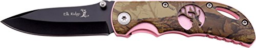 Elk Ridge - Outdoors Folding Knife - 3.75-in Black Stainless Steel Blade, Camo Coated Pink Aluminum Handle, Pocket Clip - EDEC, Hunting, Camping, Survival - ER-134CA