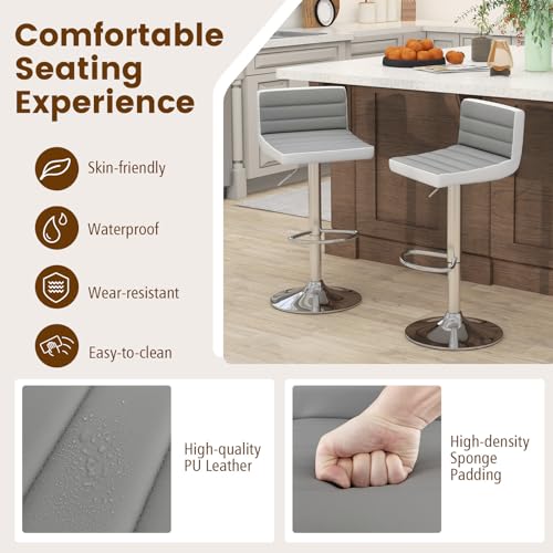COSTWAY Adjustable Bar Stools Set of 4, Modern Swivel PU Leather Bar Chairs with Back, Footrest, Counter Height Upholstered Barstools for Kitchen Island Dining Living Room Bistro Pub Cafe, Grey+White