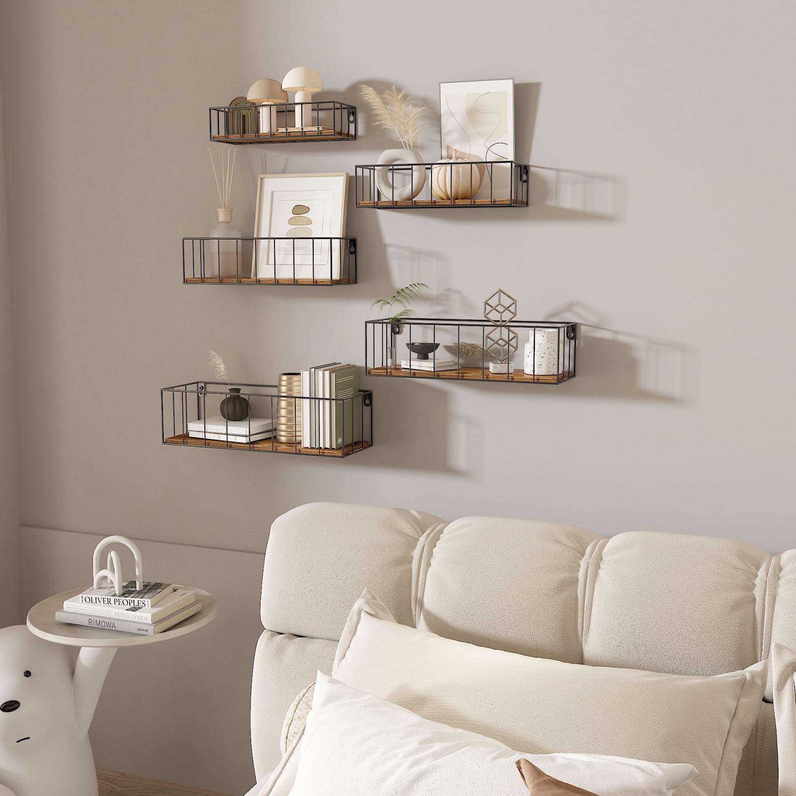CRUGLA Floating Shelves Wall Mounted Set of 5, Hanging Storage Wall Shelf with Rail for Bathroom, Bedroom, Living Room, Kitchen