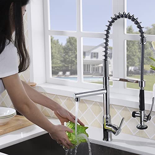 Commercial Kitchen Faucet with Pull Down Sprayer and Soap Dispenser, Brass Single Handle High Arc Pre-Rinse Spring Pull Out Kitchen Sink Faucets with Dual Function Spray Head, Kitchen Tap for Sink, R