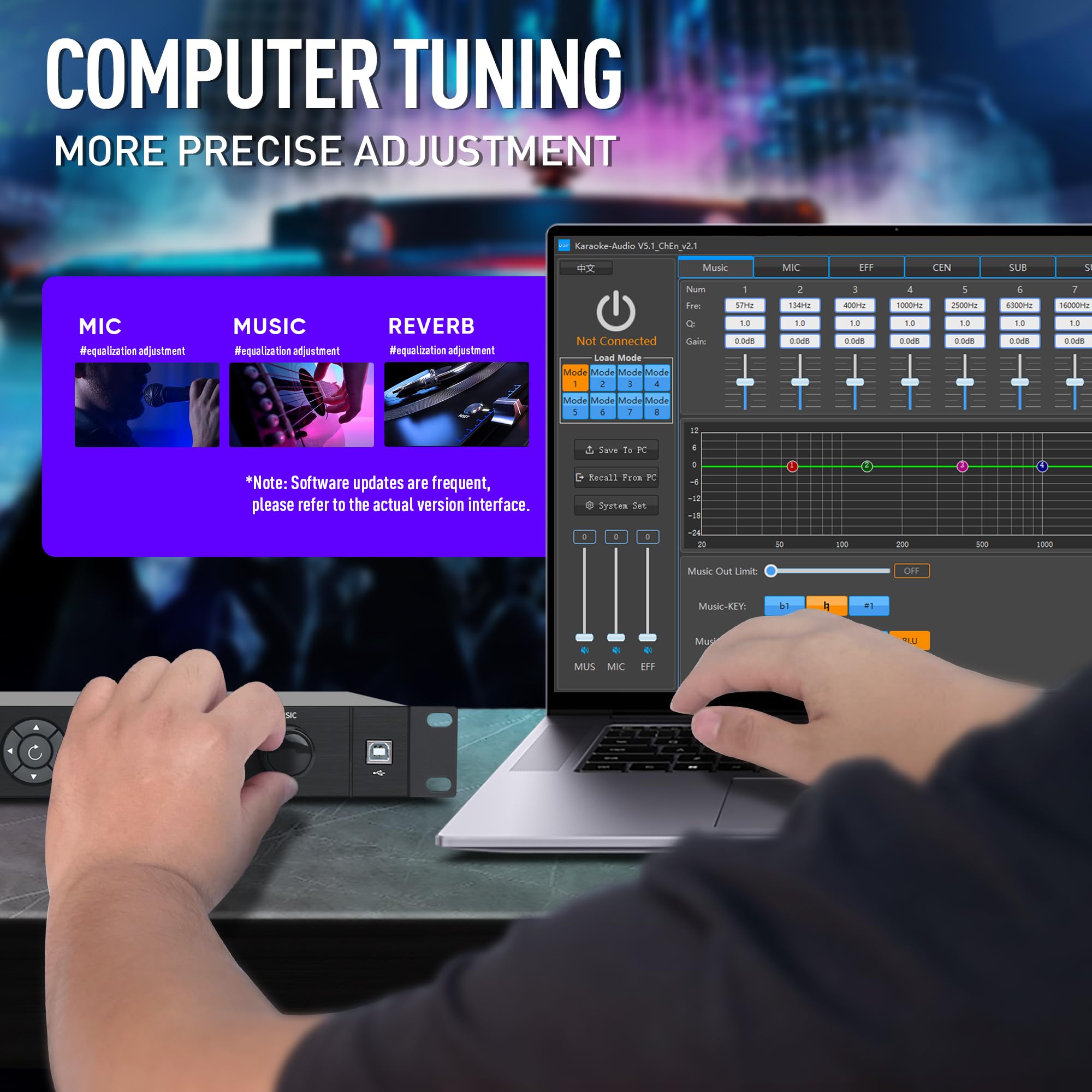 FULODE K-7 Professional KTV Pre-Effector Household ReverberatorKaraoke Anti-Howlino Audio Processr Al ioital Eulrzation Function Mixer Bluetooth optical,USB PC Connection Control,remote contro