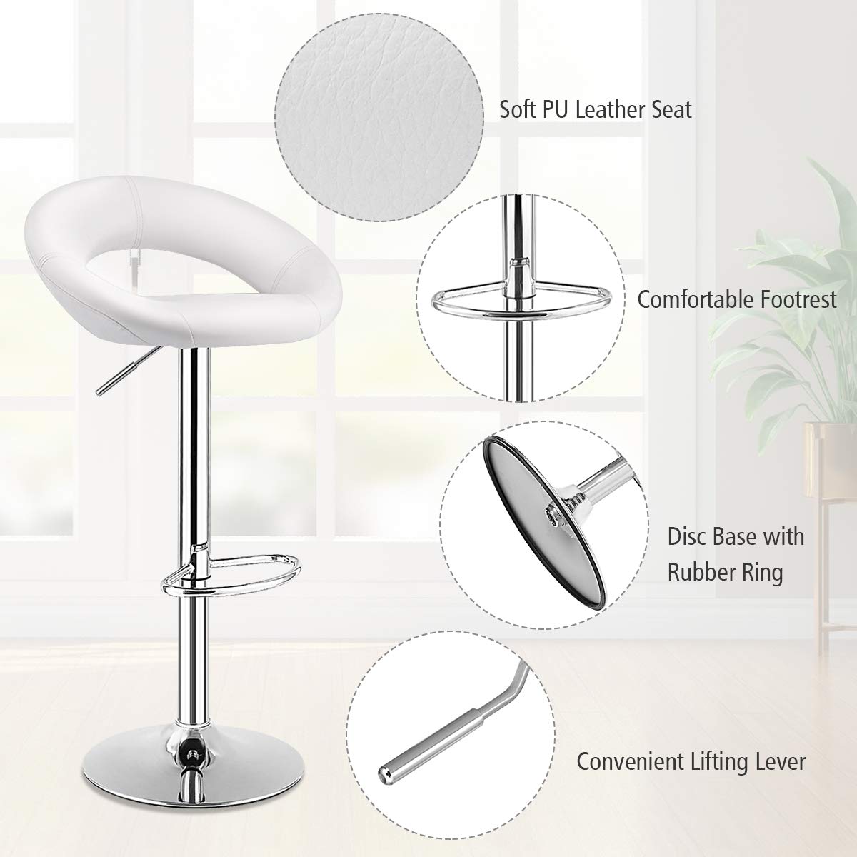 COSTWAY Bar Stools, Set of 4 Modern Swivel Adjustable Barstool, PU Leather Backless Stools, with Chrome Plated Footrest and Base, for Kitchen, Bistro, Pub, White