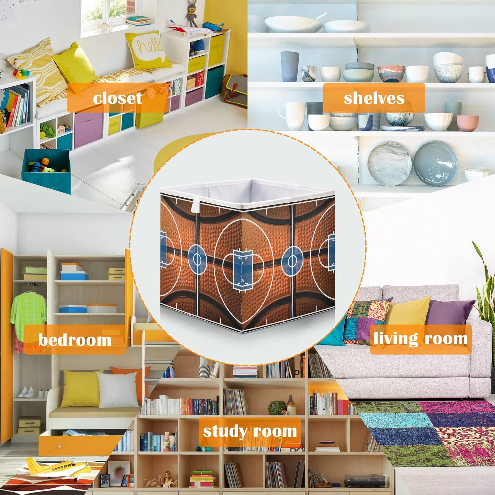 Emelivor Basketball Cube Storage Bin Collapsible Storage Bins Waterproof Toy Basket for Cube Organizer Bins for Nursery Toys Kids Books Closet Shelf Office - 11.02x11.02x11.02 IN