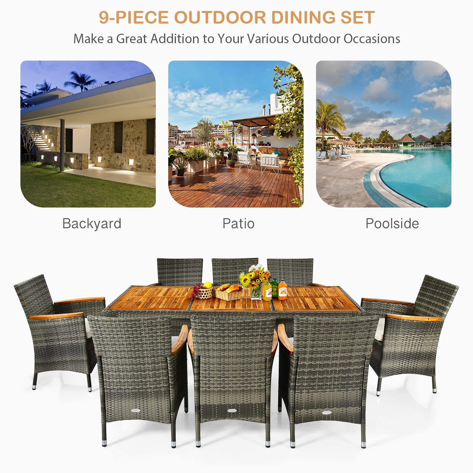 Toolsempire Patio Dining Set Outdoor Dining Set, 9 Pieces Wicker Patio Furniture Set with Acacia Wood Table and Chairs, Garden Dining Table Set for Backyard, Desk, Poolside, Christmas(Grey)