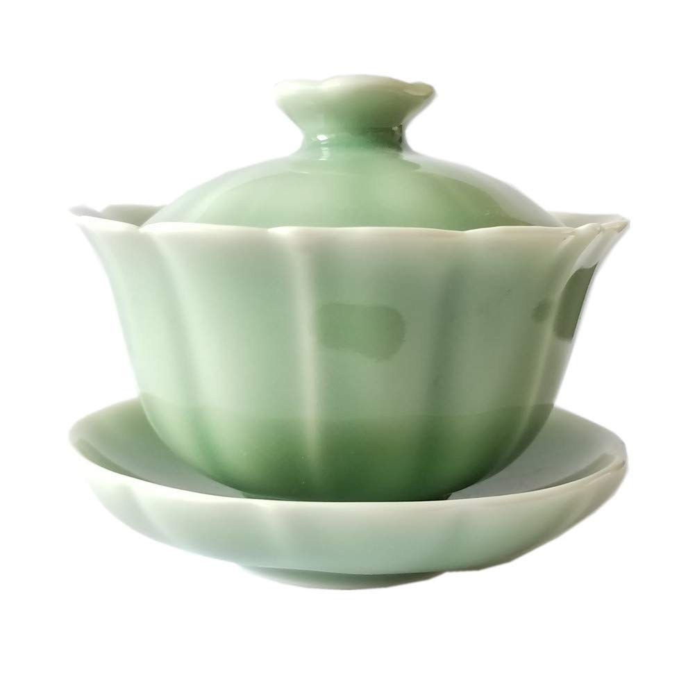 Handmade Celadon Gaiwan 5oz Teacups and Saucer Set Kung Fu Cups Porcelain Drinkware (Green)