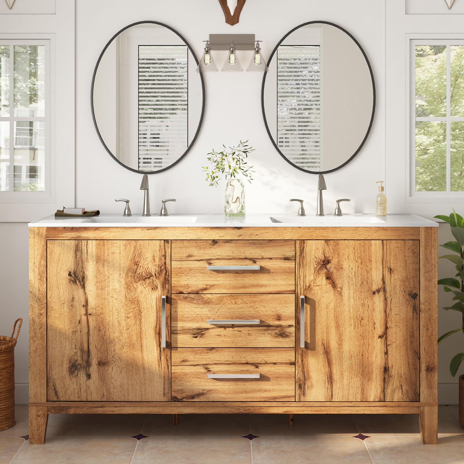 LUXOAK High Gloss 60" Bathroom Double Vanity with Sink, Wood Grains Bathroom Cabinet with Storage & Aluminum Handles & Soft Closing Doors, Retro, Yellow Oak