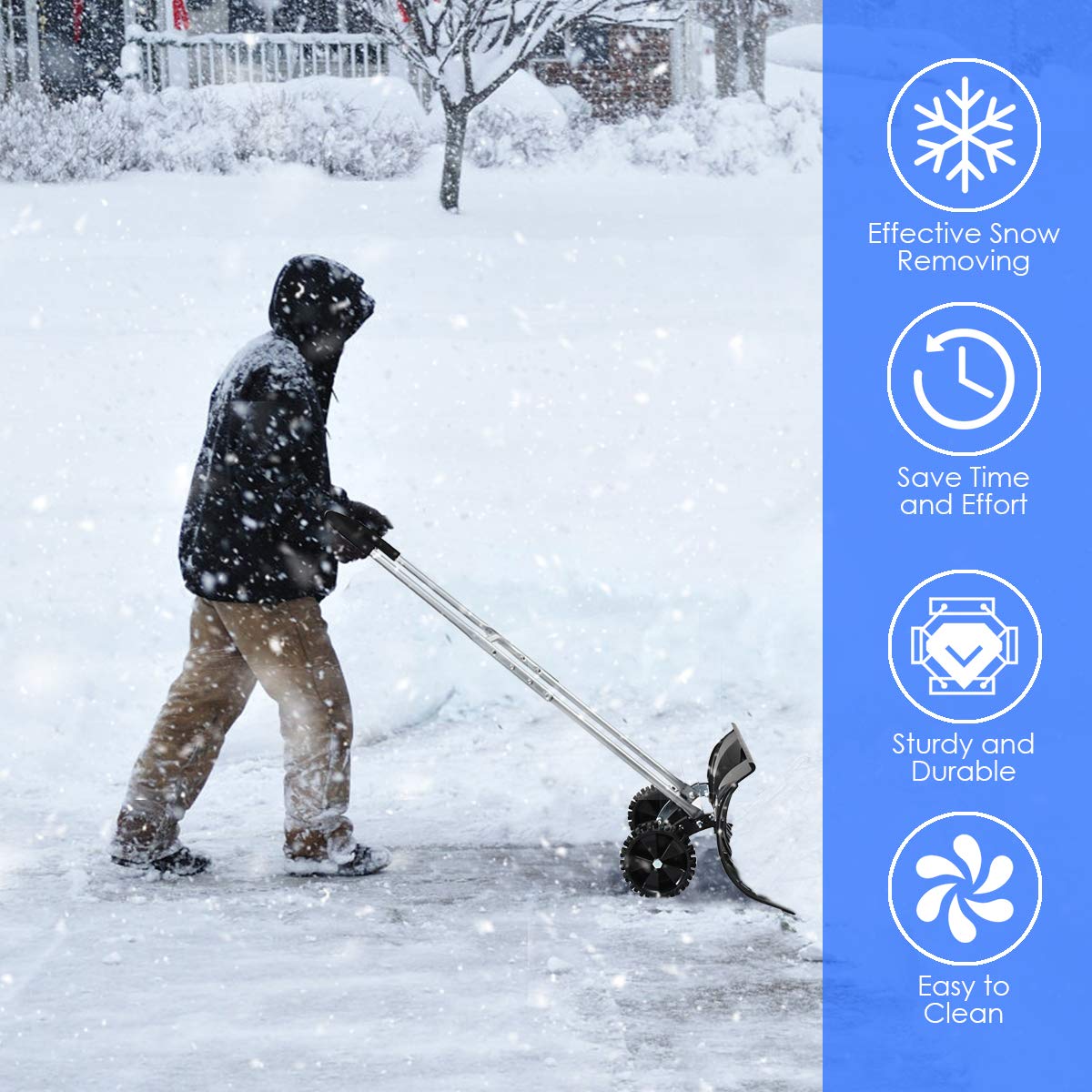 GYMAX Snow Shovel, Rolling Snow Pusher for Driveway, Heavy Duty Snow Plow Shovel with 26β Wide Blade, Built-in Wheels & Adjustable Handle, Wheeled Ergonomic Snow Removal Tools