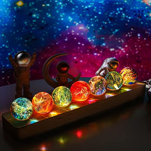 KRISININE 7 Chakra Natural Healing Spheres with LED Wooden Stand 40mm Crystal Quartz Stones for Meditation Positive Energy Night Light Decoration Balls Set for Home Gift Boxed USB
