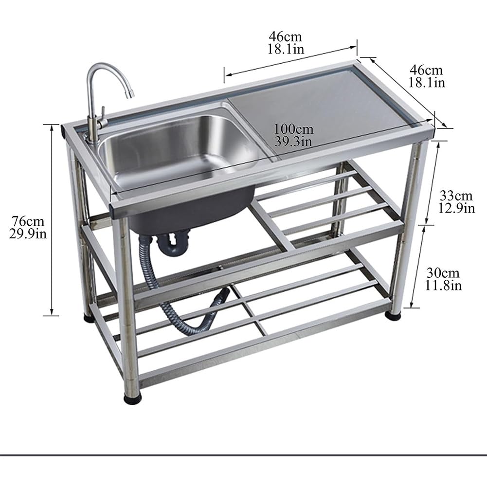 Commercial Restaurant Kitchen Bar Sink, With Cutting Board, Single Bowl Kitchen Sinks,Outdoor Free Standing Sink, Utility prep station Sink, Laundry Tub, Free Standing Stainless-Steel (B)