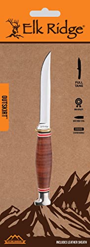 Elk Ridge - Outdoors OUTSKIRT Fixed Blade Knife - 7.0-in Overall, Satin Finish Stainless Steel Skinner Blade, Stacked Leather Handle, Includes Leather Sheath, Hunting, Camping, EDC - ER-200-31LBR