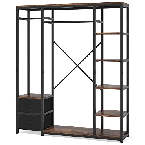 Tribesigns Freestanding Closet Organizer with 2 Drawers, 59 inch Heavy Duty Clothes Garment Rack with Shelves and Double Hanging Rod, Metal Clothing Rack Wardrobe for Bedroom, Rustic Brown