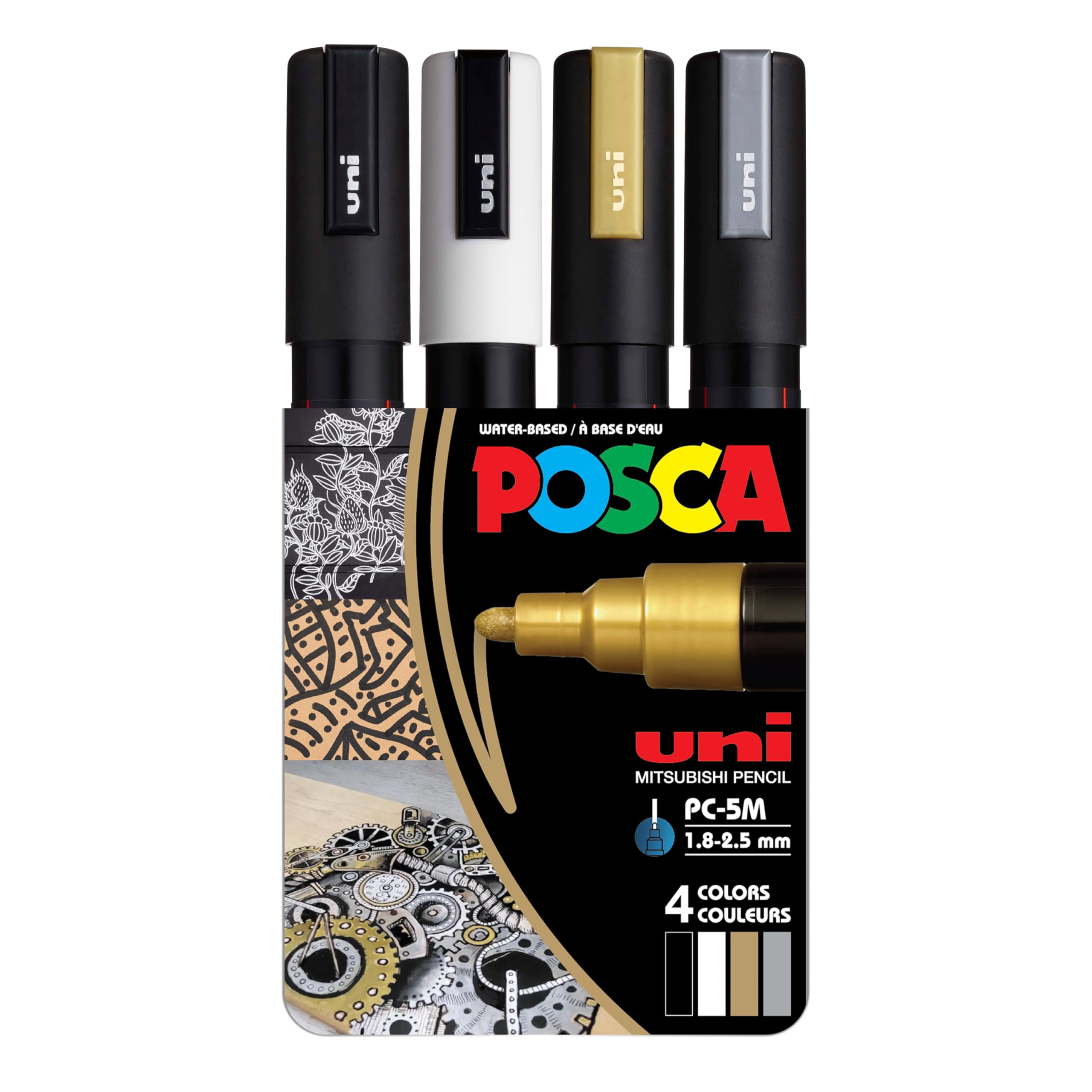 posca Markers Set, 4 Medium Paint Markers 5M – Mono Tones – Black, White, Gold, Silver
