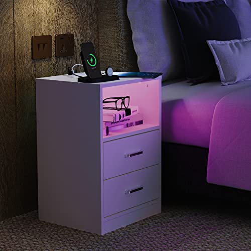 PrimeZone LED Nightstand with Charging Station - Modern End Table Bedside Table with USB Ports & Outlets, Wooden Bedroom Night Stand with 2 Drawers & Open Storage, White