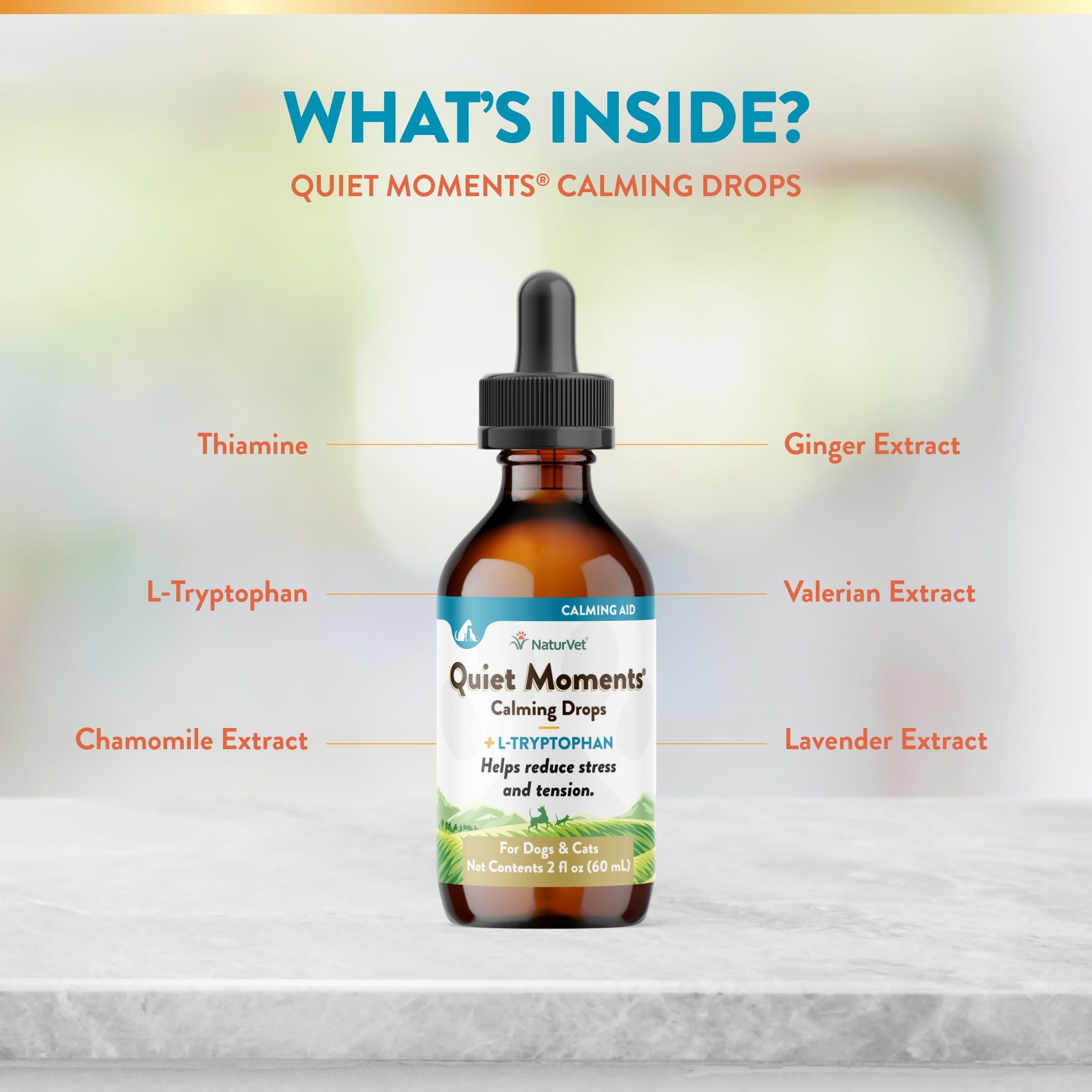NaturVet Quiet Moments Calming Drops for Cats & Dogs β Helps Reduce Pet Stress, Promotes Relaxation β Dog Supplement, Cat Supplement Includes L-Tryptophan, Ginger, Chamomile β 2 Oz.