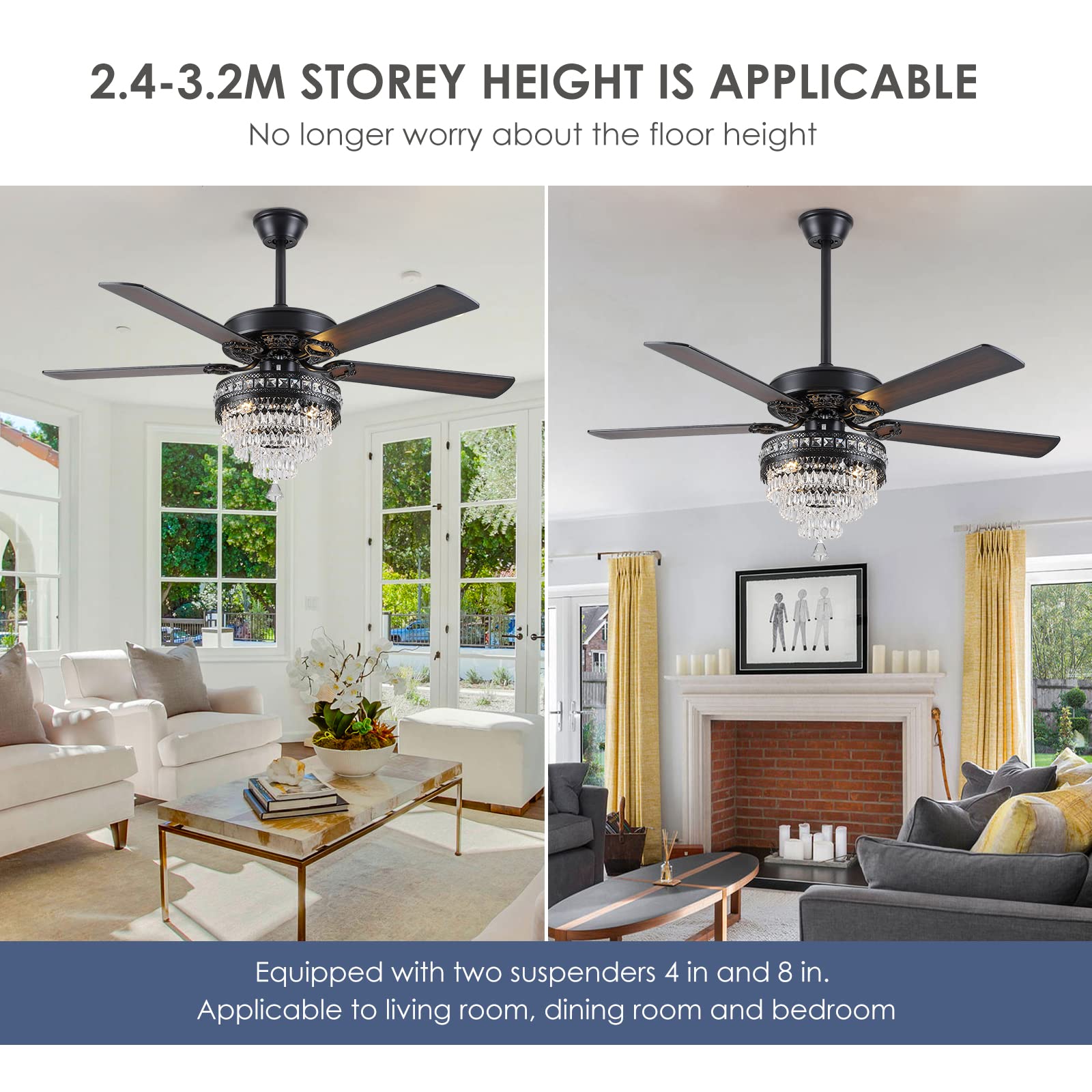 Crystal Ceiling Fan Fandelier with Lights - Modern Outdoor Fans with Remote Control,Noiseless AC Motor, Retro/Farmhouse Lighting, Dining Room, Living Room (52"