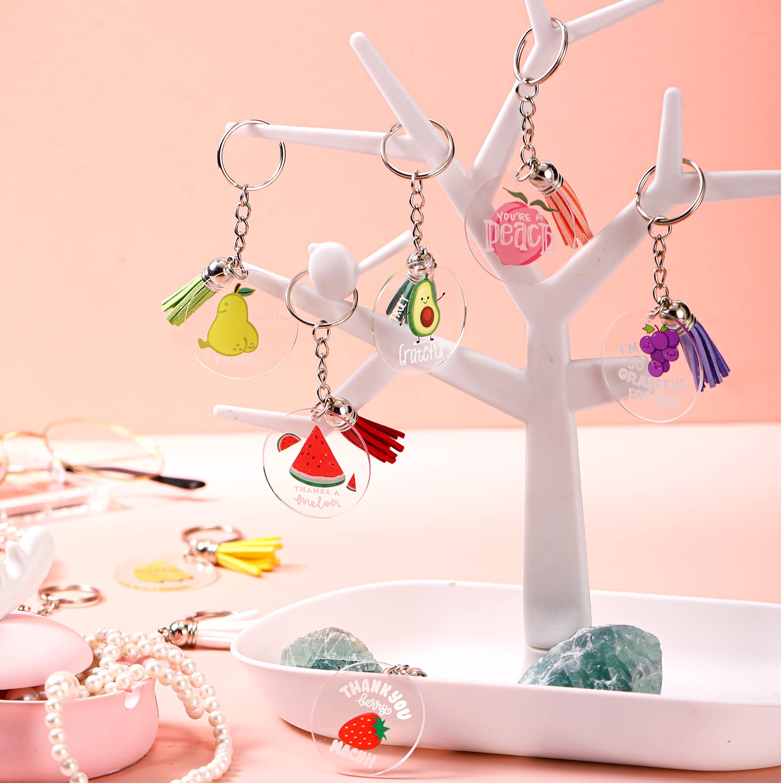 Fumete 45 Pcs Thank You Acrylic Keychains Cute Pun Key Rings Employee Appreciation Gift Greeting Note Acrylic Tassel Keychain (Fruit)