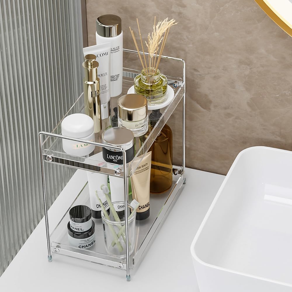 KINGBERWI 2 Tier Bathroom Counter Organizer, Acrylic Makeup Skincare Organizers for Vanity Perfume Tray, Clear Bathroom Sink Countertop Storage Shelf