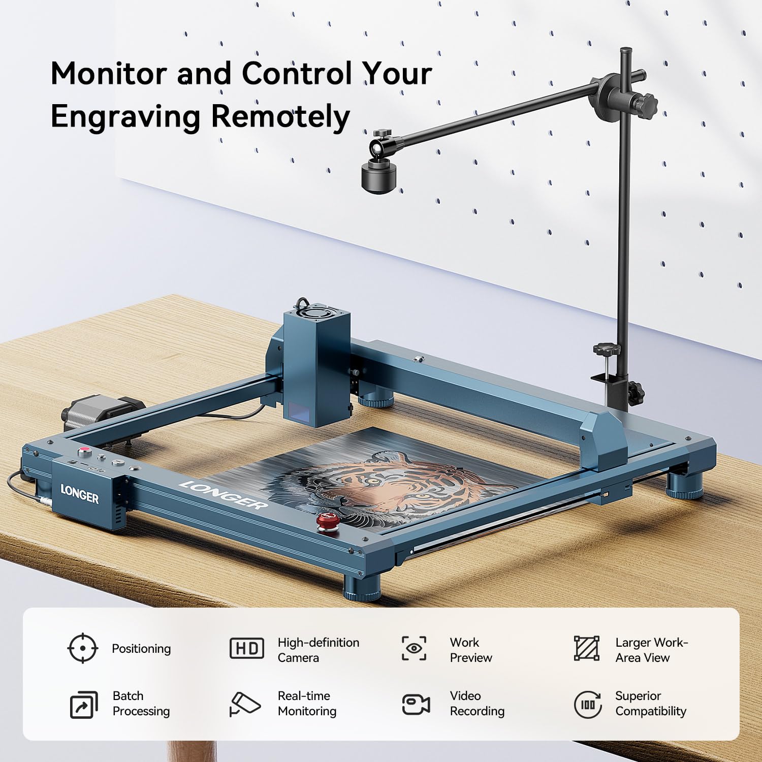 Longer New LightBurn Camera Kit for Laser Engravers โ 5MP HD Precision Auto Positioning, Supports Video Recording, Multi-Task Engraving, and Job Preview, Covers a Large Area of 740x560mm