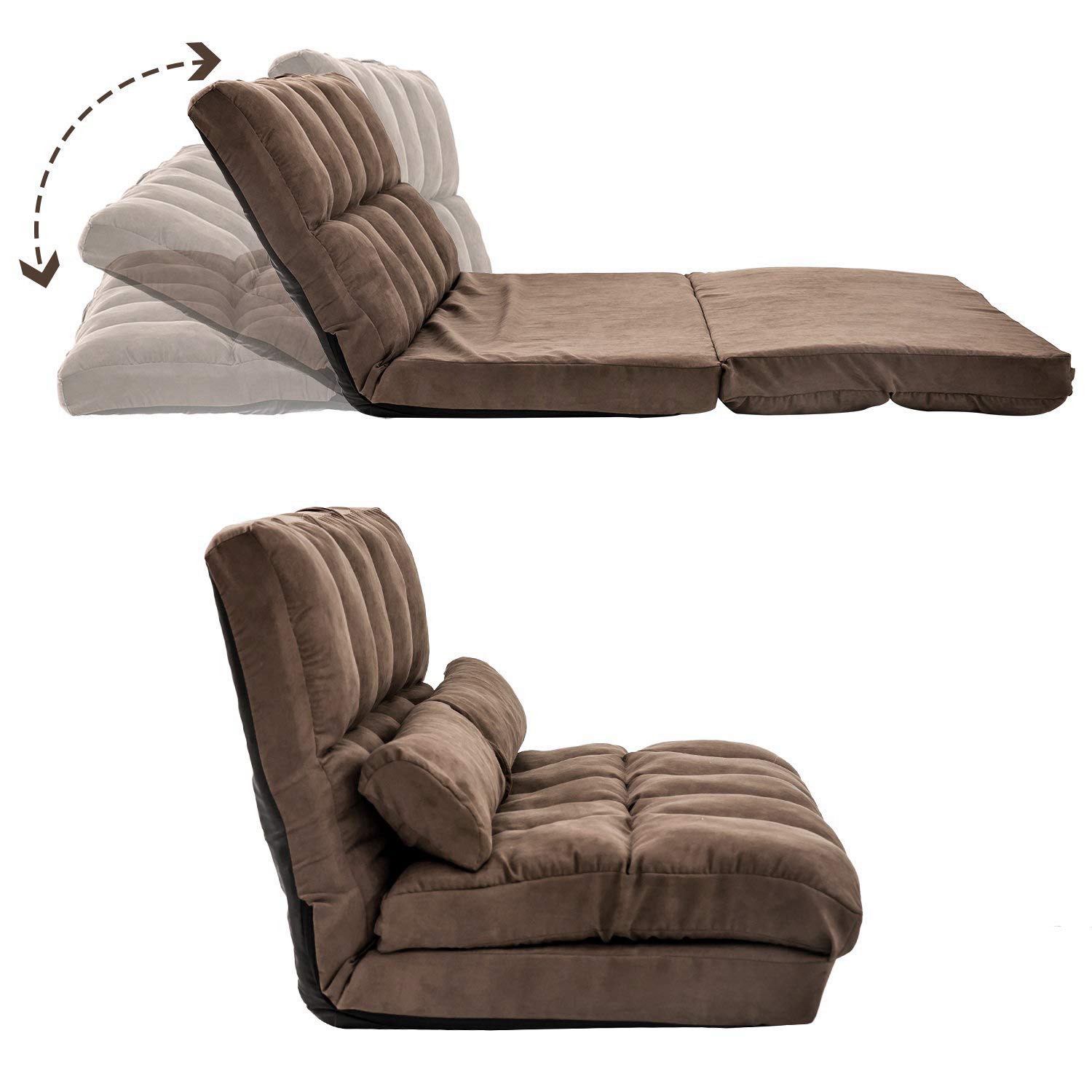 EMKK Chair with Back Support-Double Seating for Adults & Kids,w Adjustable Couch Fully Backrest 2 Pillows Gaming Living Room, Folding Chaise Lounge Floor Sofa, Brown Aparment a