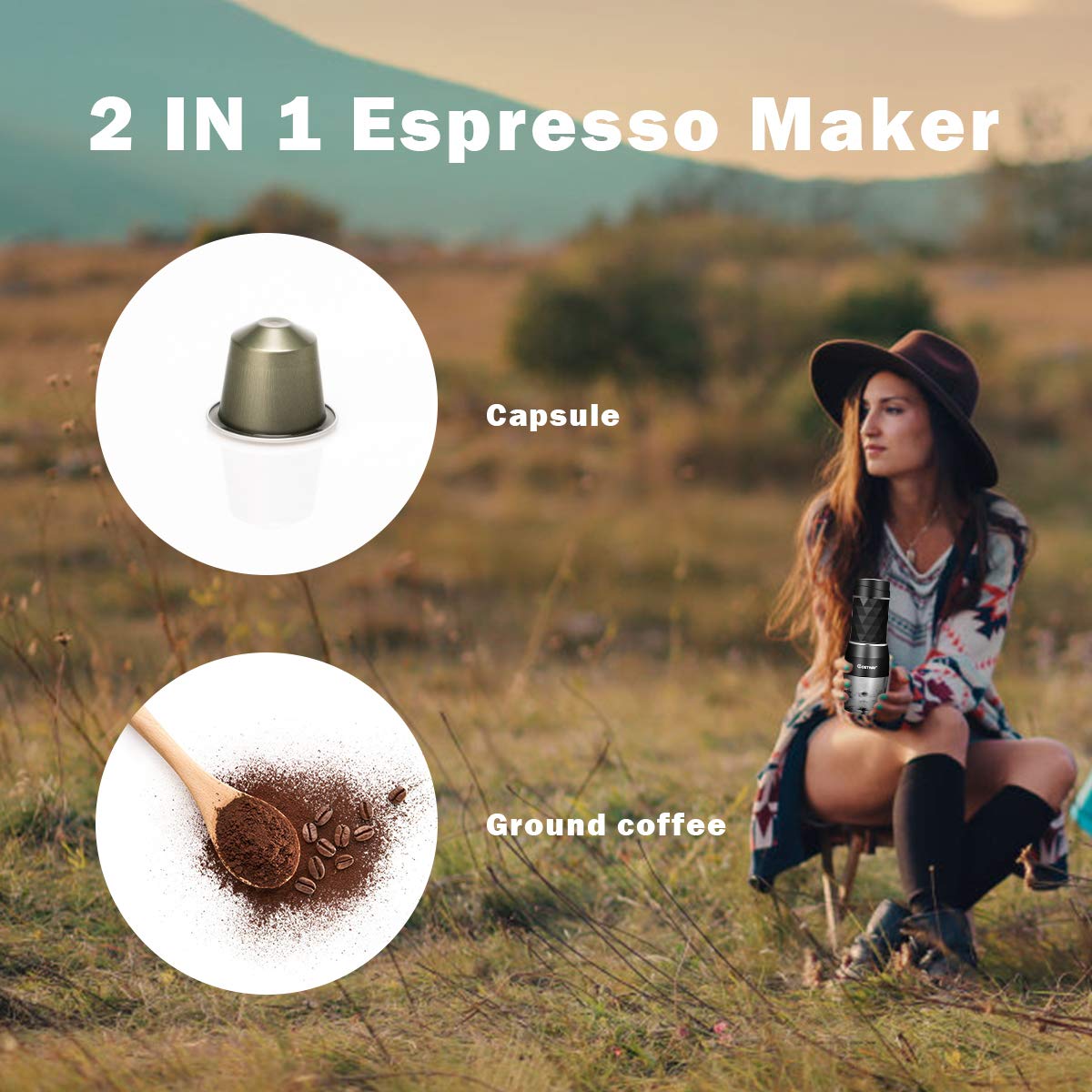COSTWAY Manual Espresso Machine, 2-in-1 Portable Coffee Maker 20 Bar Pressure for Capsule and ground coffee