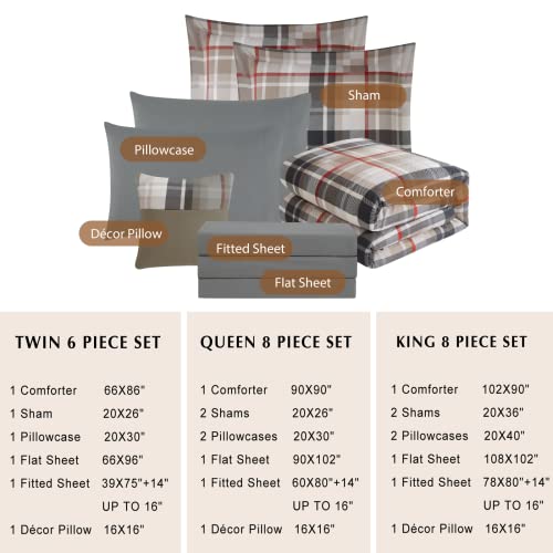 MaiRêve Queen Comforter Set, Plaid Design Comforter Set 8 Pieces, All Season Comfortable Bedding Sets Queen, Lightweight, Warm and Breathable (Khaki, Queen, 90"x90")