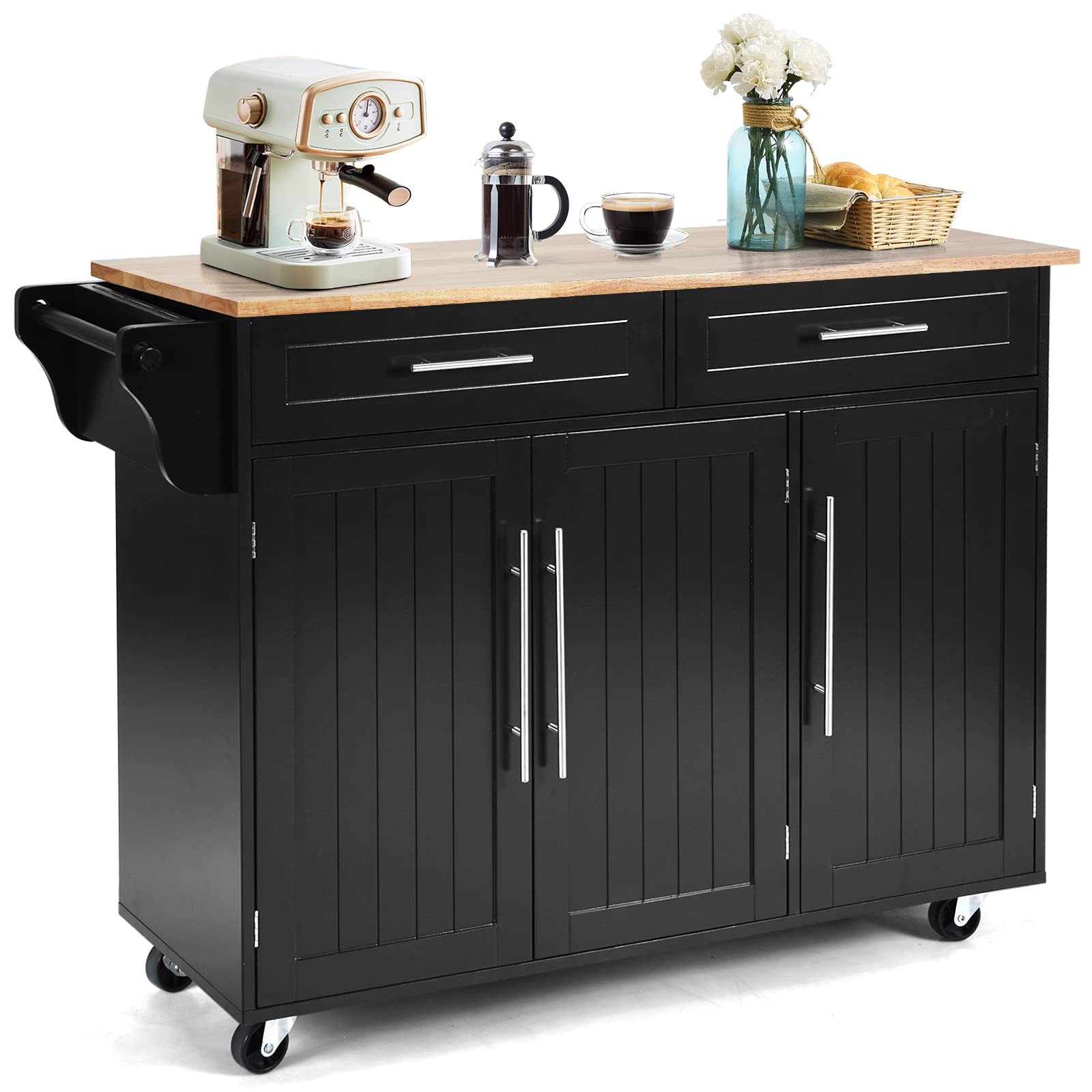 COSTWAY Mobile Kitchen Island Cart, Rolling Storage Trolley with Towel Bar, 2 Deep Drawers, 3 Door Cabinets, Swivel Casters, Rubber Wood Top, Ideal for Kitchen, Dining Room, Restaurant, Cafe (Coffee)