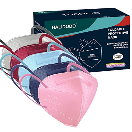HALIDODO 100 Packs Individually Wrapped KN95 Face Mask 5-Ply Breathable & Comfortable Filter Safety Mask with Elastic Ear loop and Nose Bridge Clip, Protective Face Cover Mask, Multi Color