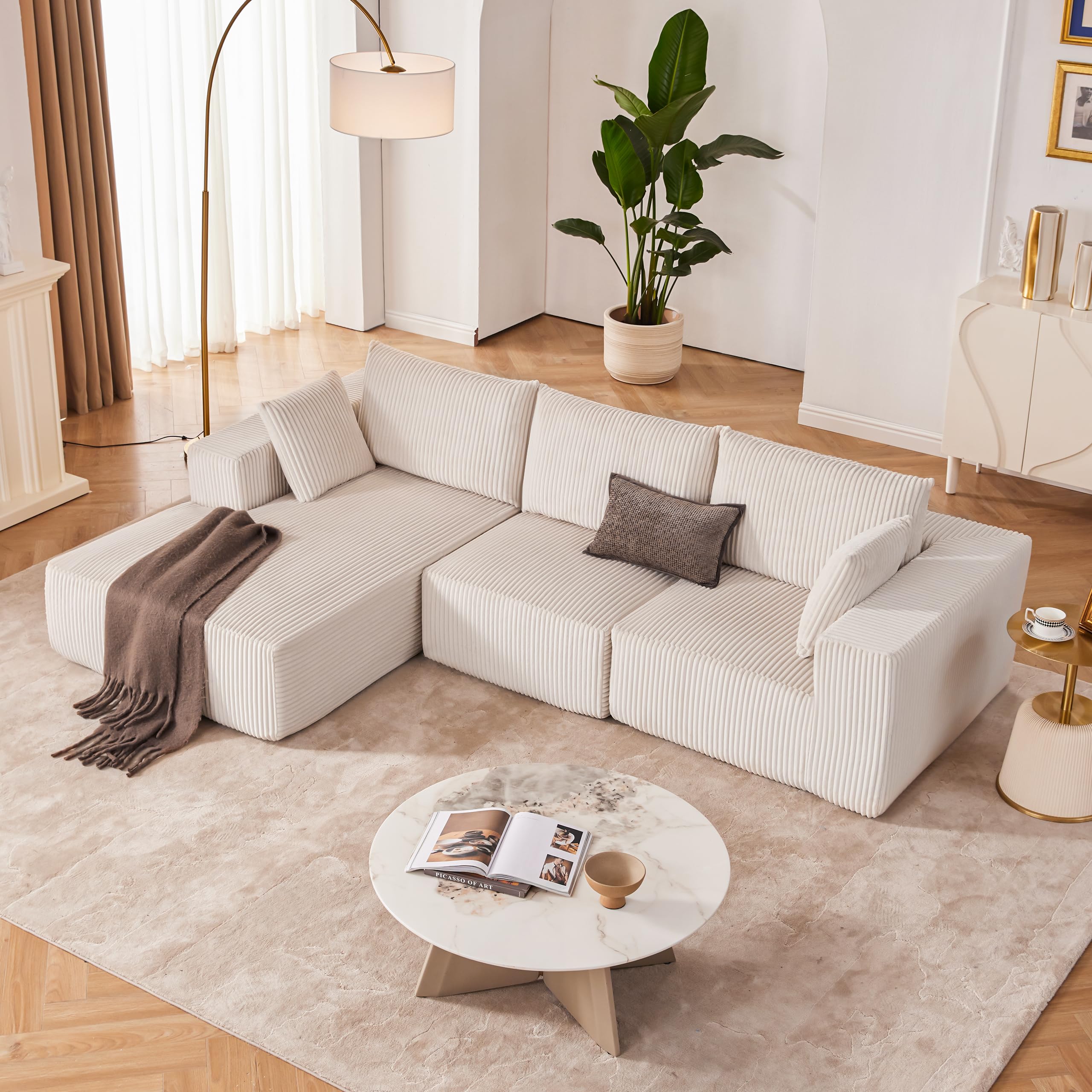 Huatean Home 108” Modular Sectional Sofa, Sponge Sectional Sofa Couch for Living Room, Modular L-Shape Sofa Couch with Chaise, Beige
