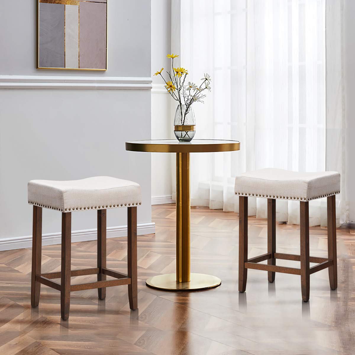 COSTWAY Saddle Stools Set of 2, 29-inch Counter Height Backless Stools with Brass Nailhead Trim, Solid Wood Legs, Foot Rest, Max Load 264 Lbs, Upholstered Bar Chair for Kitchen Island Pub, Grey