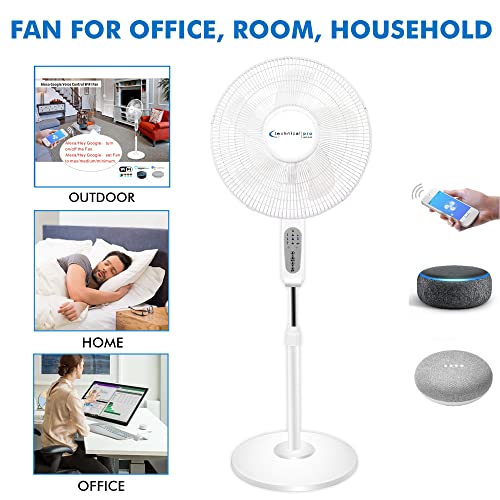Technical Pro Smart Oscillating Pedestal Fan, 3 Speed Portable 16” WIFI Enabled Standing Fan w Adjustable Height, 270 Degree Oscillation, Tilting, Timer & Sleep mode compatible w/Alexa/Google (White)