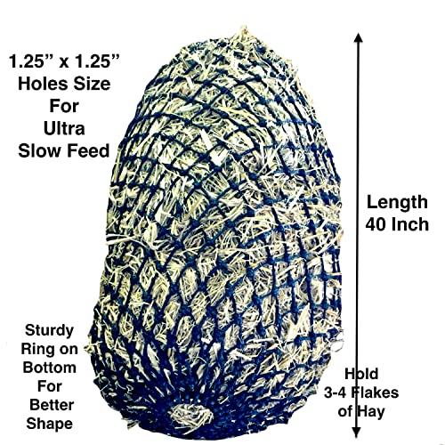 Majestic Ally 1.25βx1.25β Holes Ultra Slow Feed 40β Very Sturdy Hay Net with Bottom Ring for Horses, Nylon Rope Hanging, Adjustable Travel Feeder for Trailer and Stall, Reduces Waste (Purple)