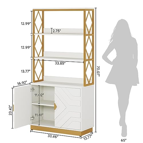 Tribesigns White and Gold Bookshelf with Doors: 70.9 Inches Tall Etagere Bookcase with 3 Shelves 2 Cabinets, Modern Open Display Book Shelves with Metal Frame for Living Room Bedroom Office