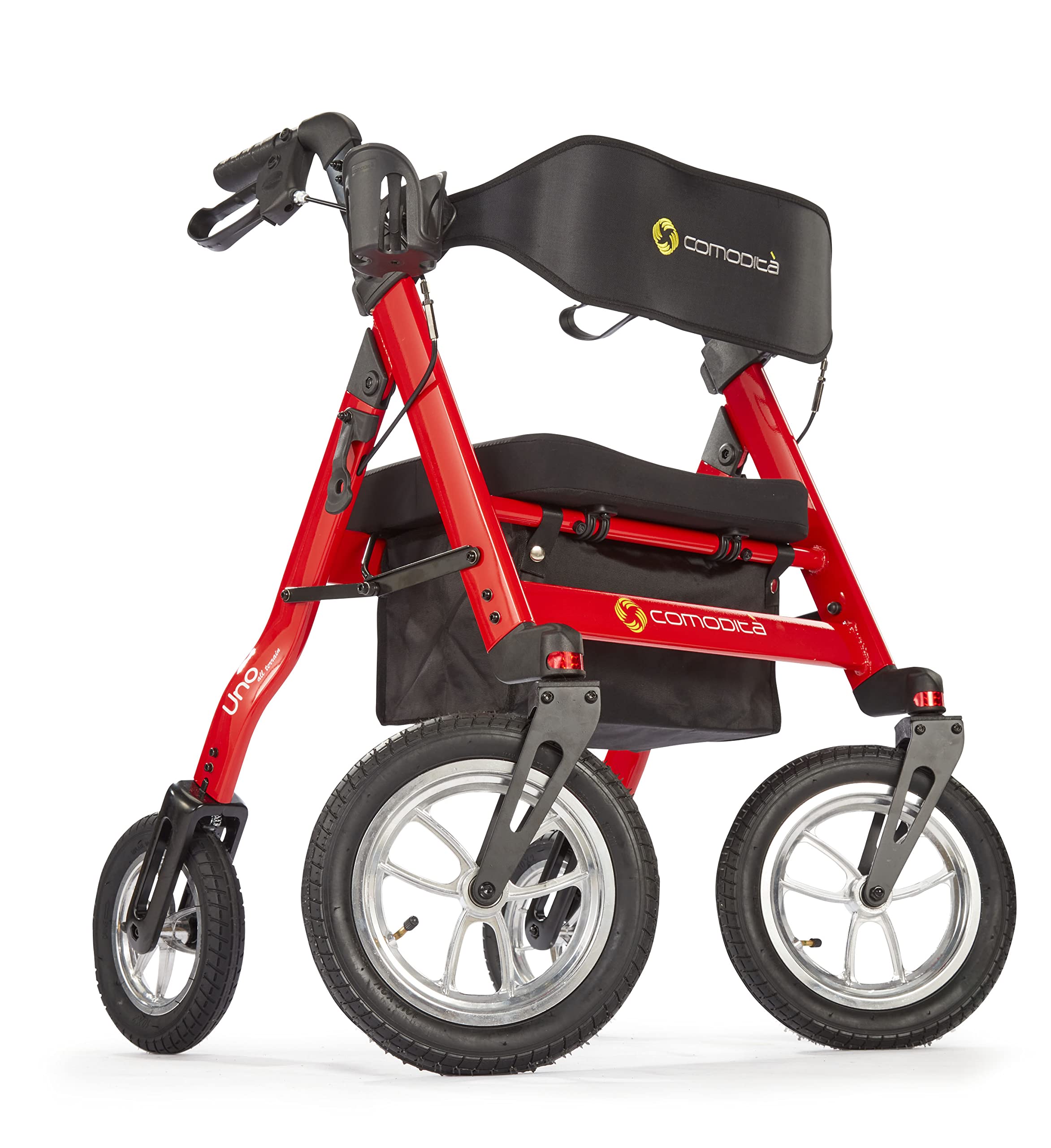 ComoditĂ Uno All Terrain Rolling Walker with Pneumatic Tires, Wheeled Rollator with Orthopedic Extra Wide Seat and Brakes for Adults and Seniors, Easy Folding, 4 Wheel, Modena Red
