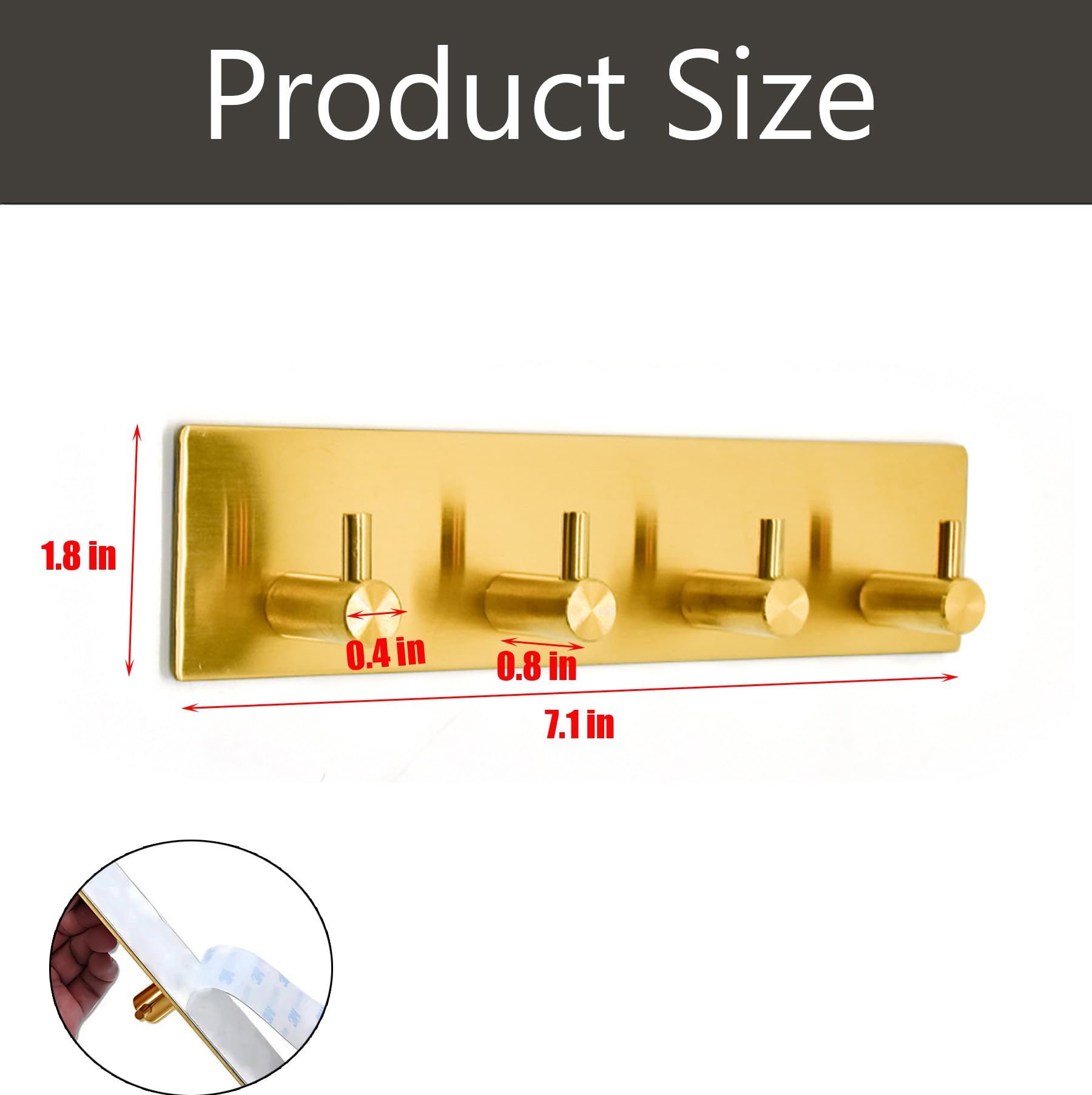 Kingdong Key Holder for Wall 304 Stainless Key Hooks Adhesive Key Holder Wall Mount Key Hanger with 4 Heavy Duty Hooks Key Organizer for Kitchen, Bedroom, Bathroom (Gold)