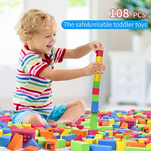 FUN LITTLE TOYS 108 PCS Foam Building Blocks for Toddlers, Large, Stackable, Soft Blocks Set with Alphabet & Numbers, Preschool Stacking Toys for Boys and Girls 1-3