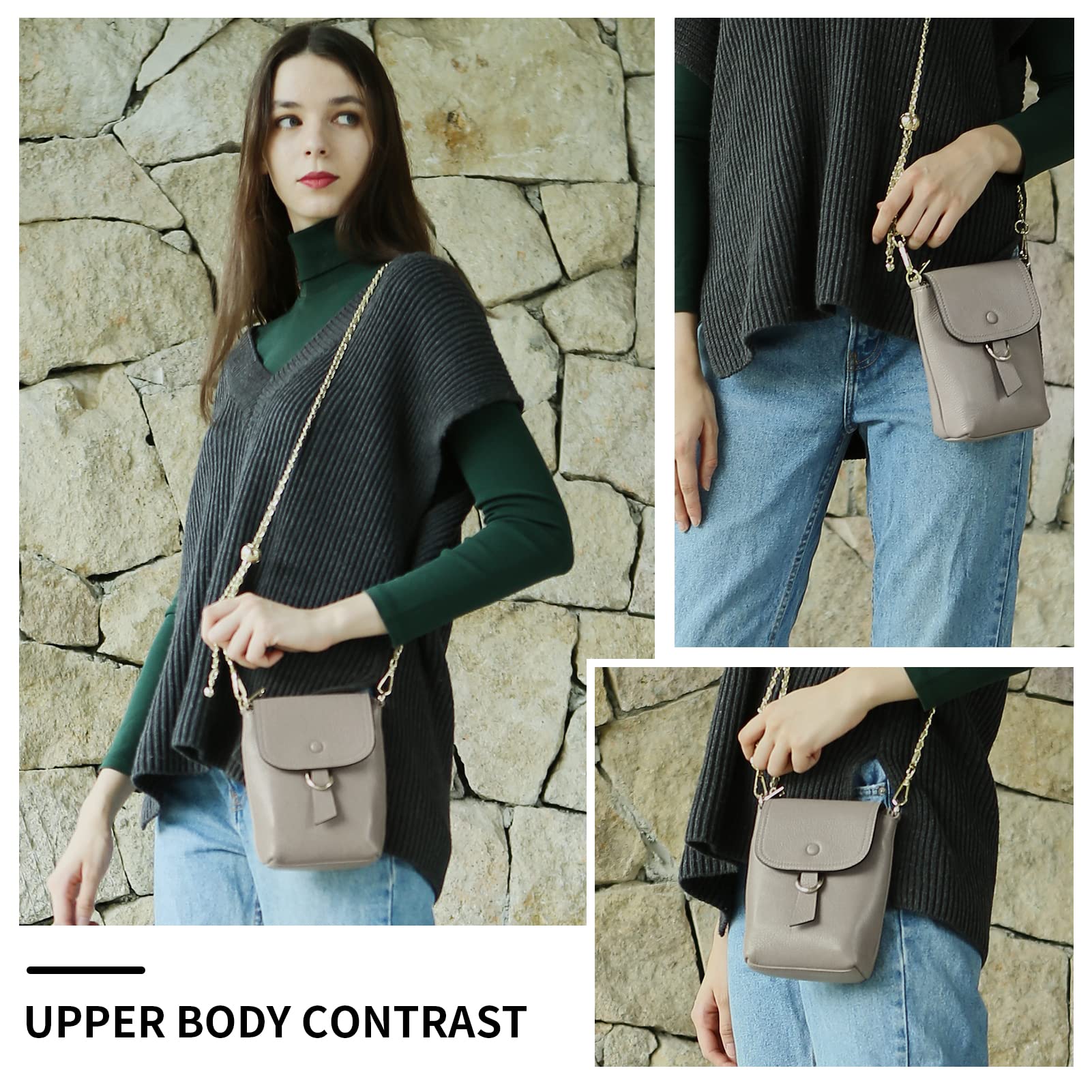 Hippopo Small Crossbody Phone Bag For Women Designer Fashion Soft Pebbled Real Leather Shoulder bag (Khaki)
