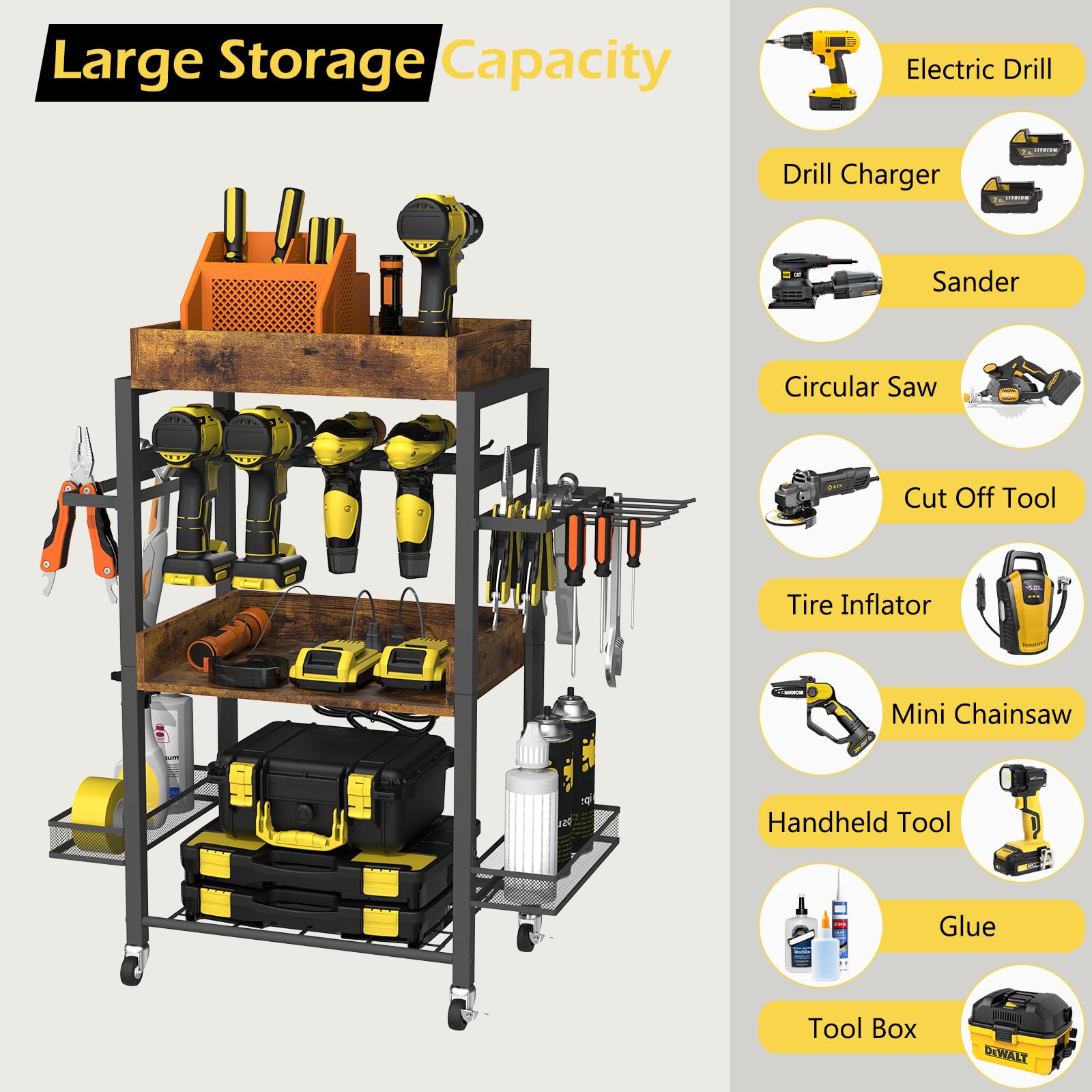 MOOACE Power Tool Organizer Storage Cart with Charging Station and Wheels, 4 Tier Heavy Duty Metal Rack, Rolling Tool Utility Cart, for Workshop, Garage, Workbench, Brown