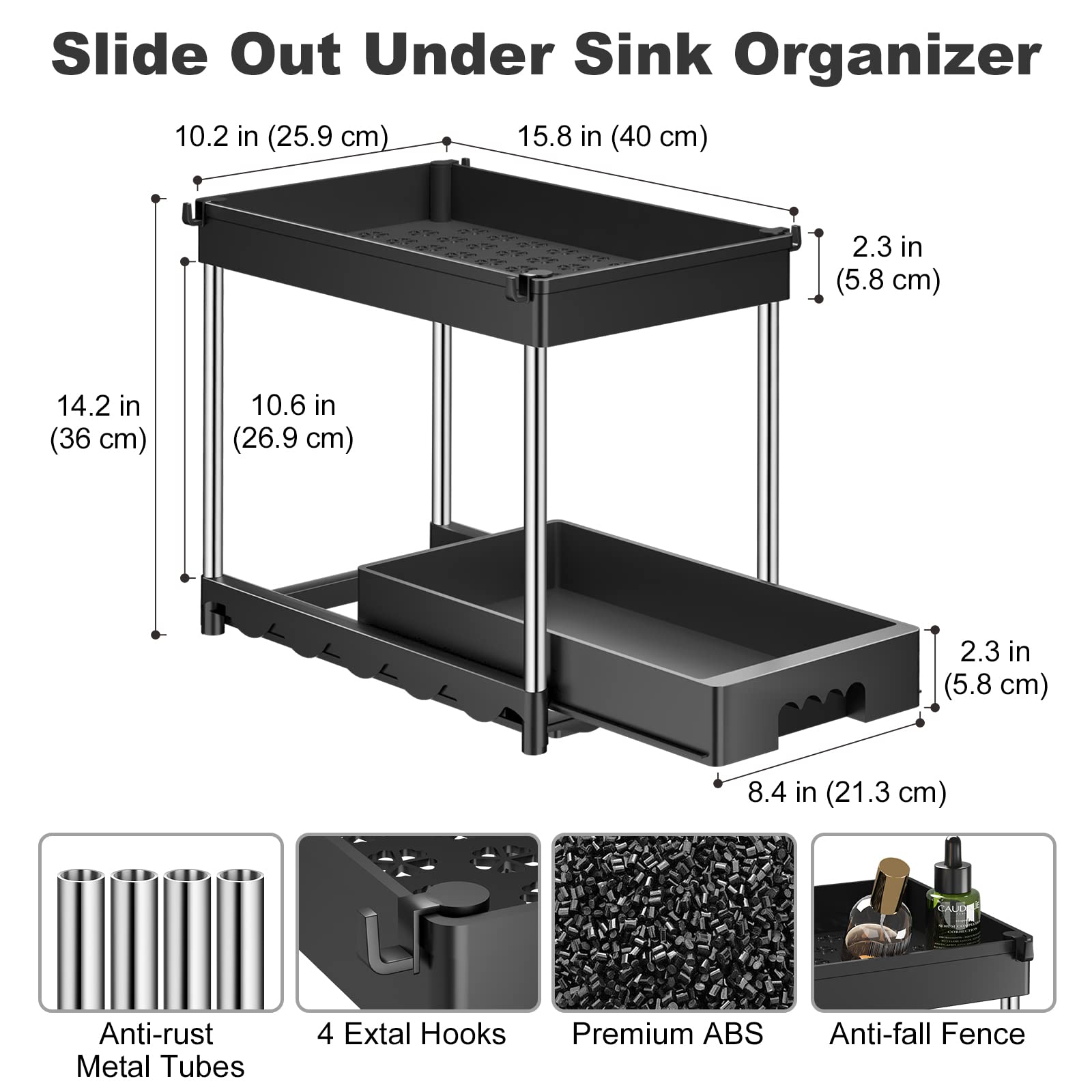 DUSASA Under Sink Organizer and Storage with Sliding Drawer, 2 Tier Black Plastic Cabinet Basket Organizer with Hooks, Under Cabinet Storage for Bathroom Kitchen